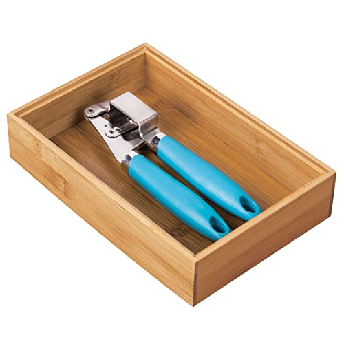 mDesign Wooden Bamboo Drawer Organizer - 9" Long Stackable Storage Box Tray for Kitchen Drawers and Cabinet - Utensil, Silverware, Spatula, and Flatware Holder - Echo Collection - 4 Pack, Natural Wood