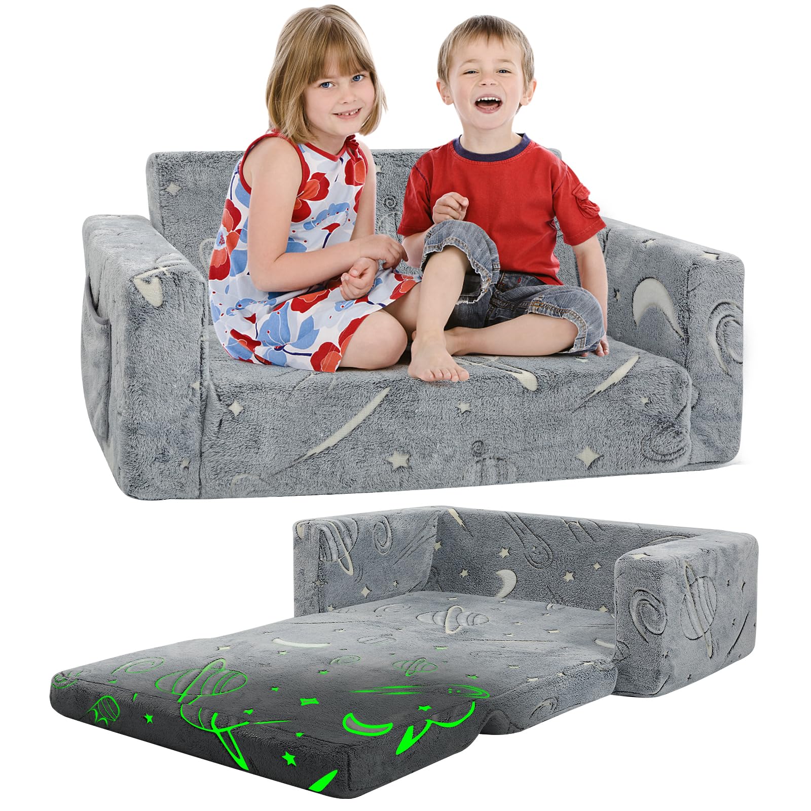 Kids Couch Extra Wider Seating Toddler Couch, 2-in-1 Toddler Soft Couch Fold Out Convertible Sofa to Lounger for Girls and Boys