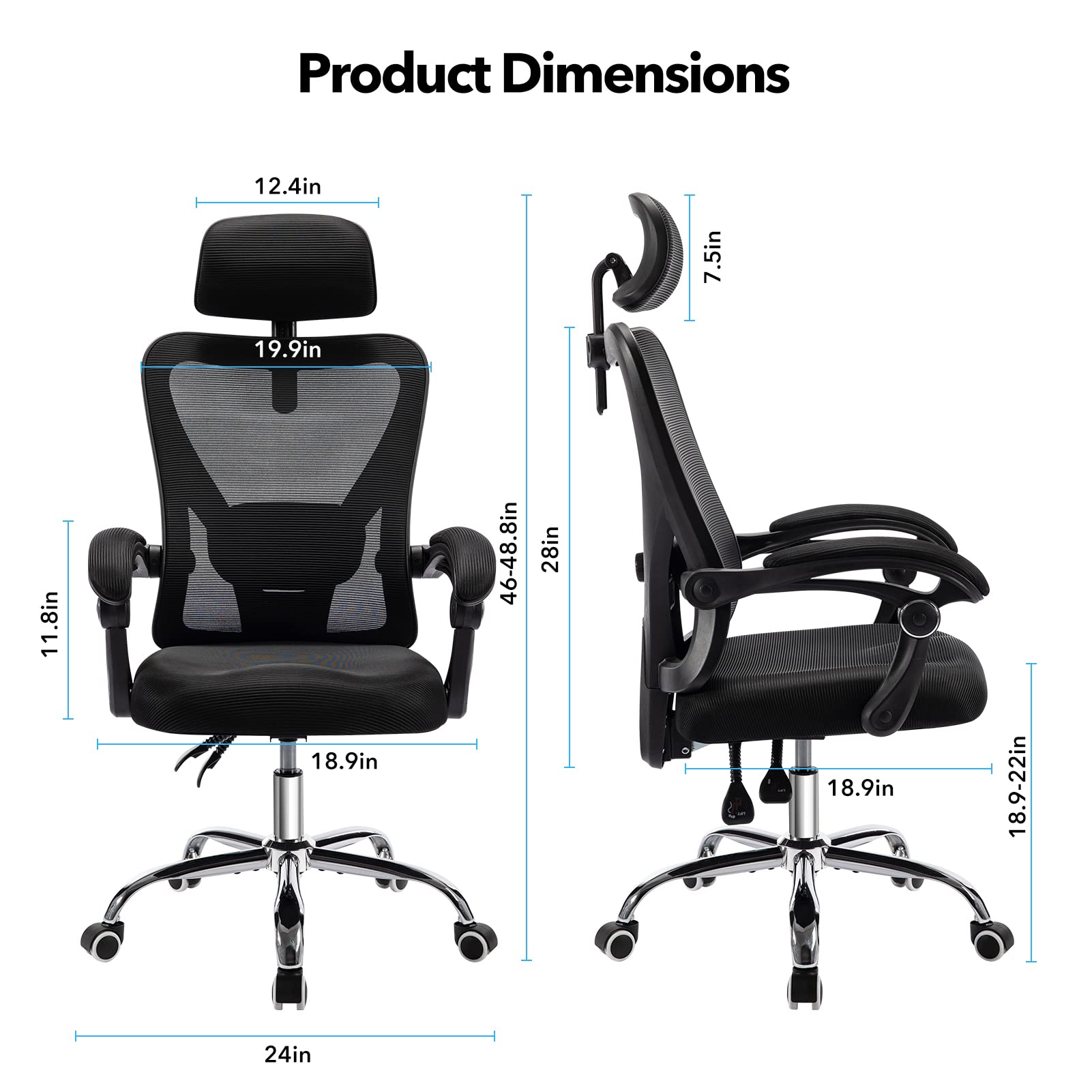 ACCHAR Ergonomic Office Chair, Reclining Mesh Chair, Computer Desk Chair, Swivel Rolling Home Task Chair with Padded Armrests, Adjustable Lumbar Support and Headrest (Black)