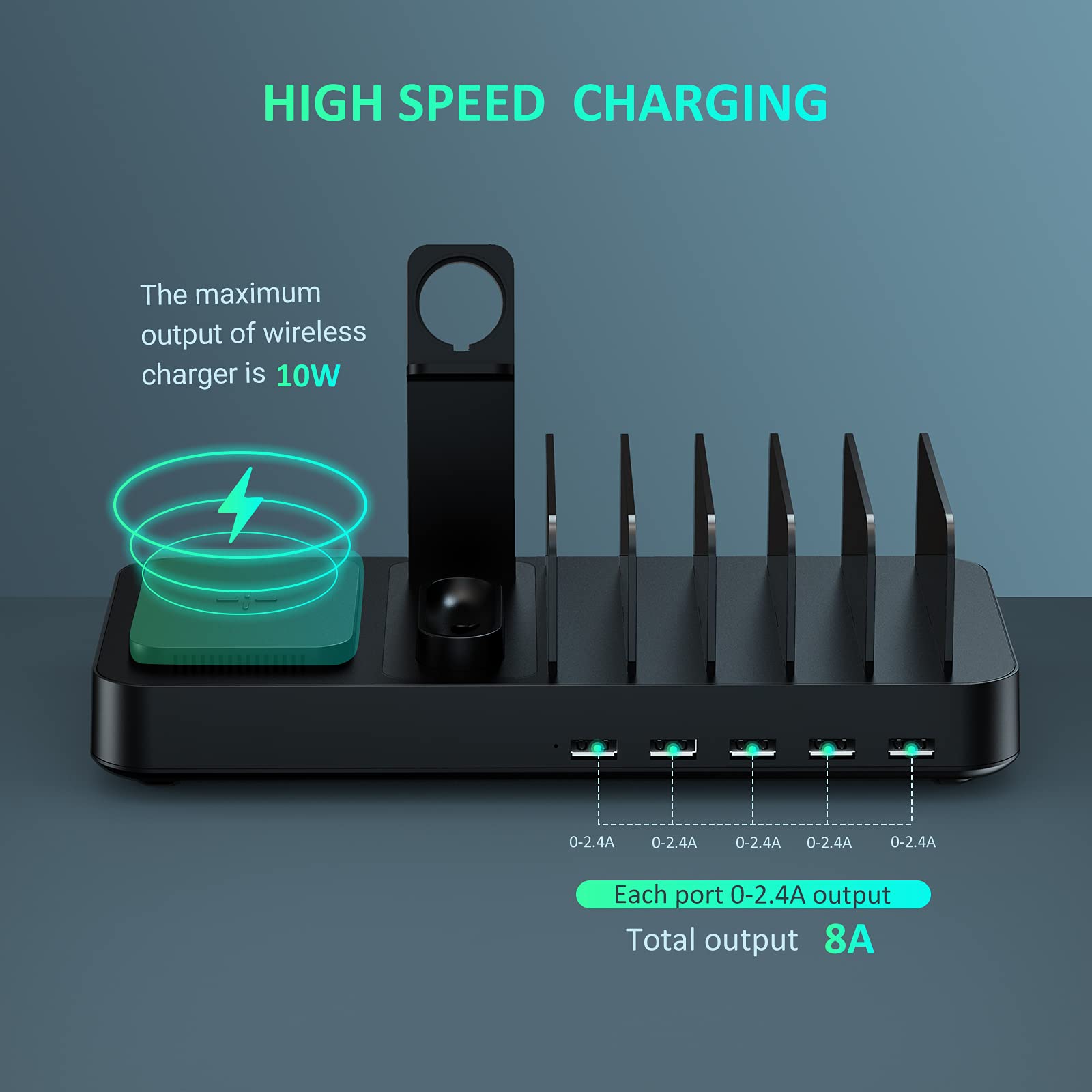 8 in 1 Wireless Charger Station for Multiple Devices, Charging Dock with AirPods iWatch Charger Stand, 10W Wireless Charger and 9 Short Mixed Cables for iPhone/iPad/Android/Tablets-Pitch Black