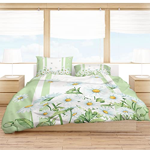 Durable Duvet Cover Set 3 Piece Bedding Sets Queen Size, Spring Floral Comforter Set Soft Microfiber Fill Bedding with 1 Comforter Cover, 2 Pillowcases Summer Daisy Watercolor Flowers Green Striped