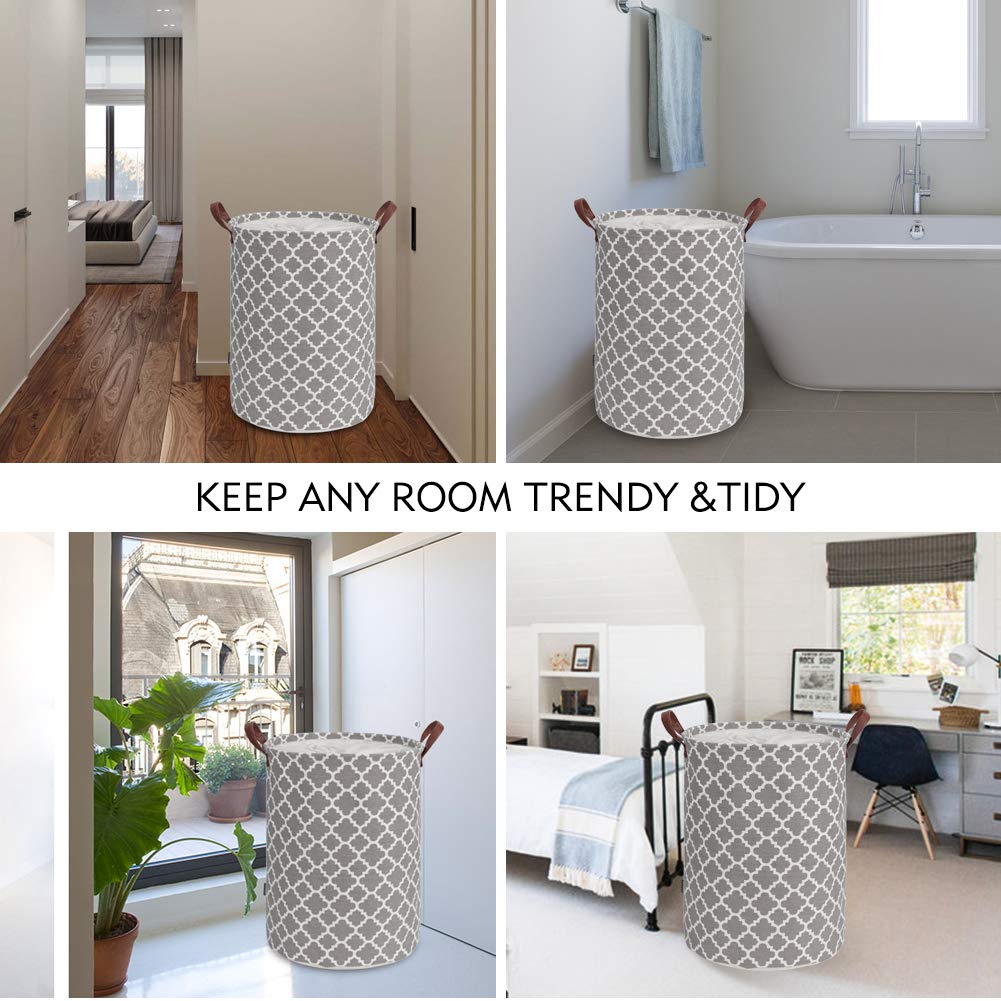 TOTANKI 60L Large Laundry Basket with Durable Leather Handle, Thickened Drawstring Round Collapsible Laundry Hamper, Dirty Clothes Storage Basket for Bedroom, Bathroom, College Dorm (Grey, L)