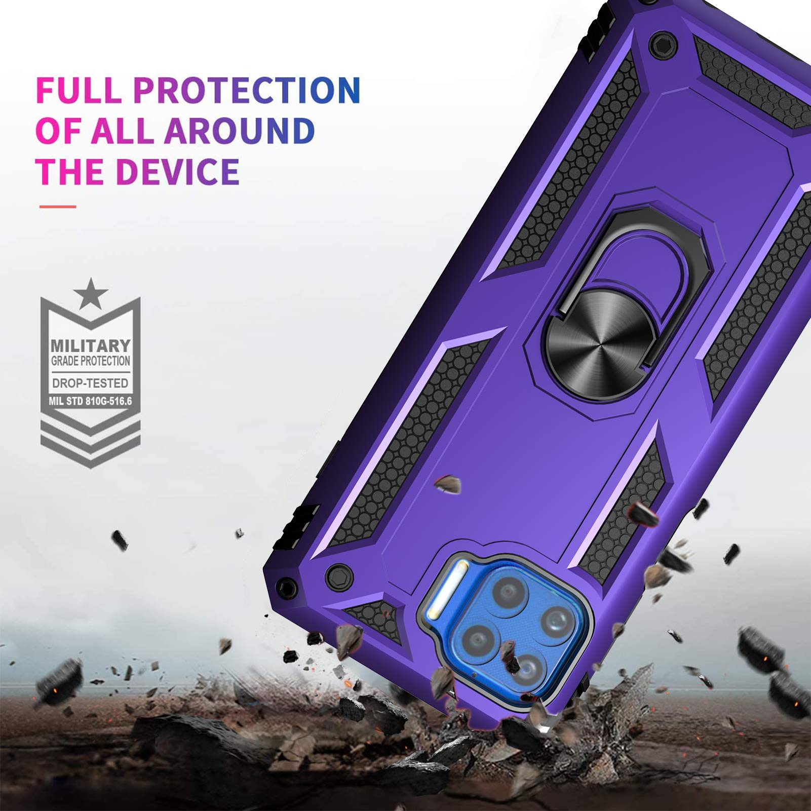 Androgate Compatible with Moto One 5G Case, Motorola One 5G UW Case, with Tempered Glass Screen Protectors, Military-Grade Metal Ring Kickstand 19ft Drop Tested Shockproof Cover Case, Purple
