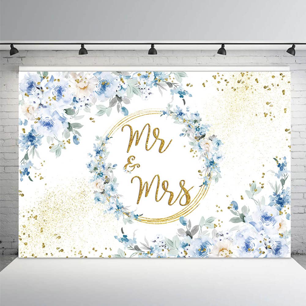 MEHOFOND 7x5ft Blue Floral Backdrop for Mr and Mrs Engagement Party Decorations Couples Wedding Golden Dots Glitter Photography Background Anniversary Ceremony Bridal Shower Banner Photo Booth Props