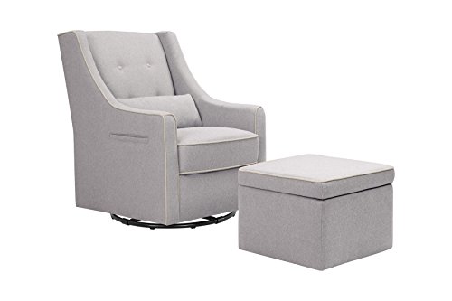 DaVinci Owen Upholstered Swivel Glider with Side Pocket and Storage Ottoman in Grey with Cream Piping, Greenguard Gold & CertiPUR-US Certified