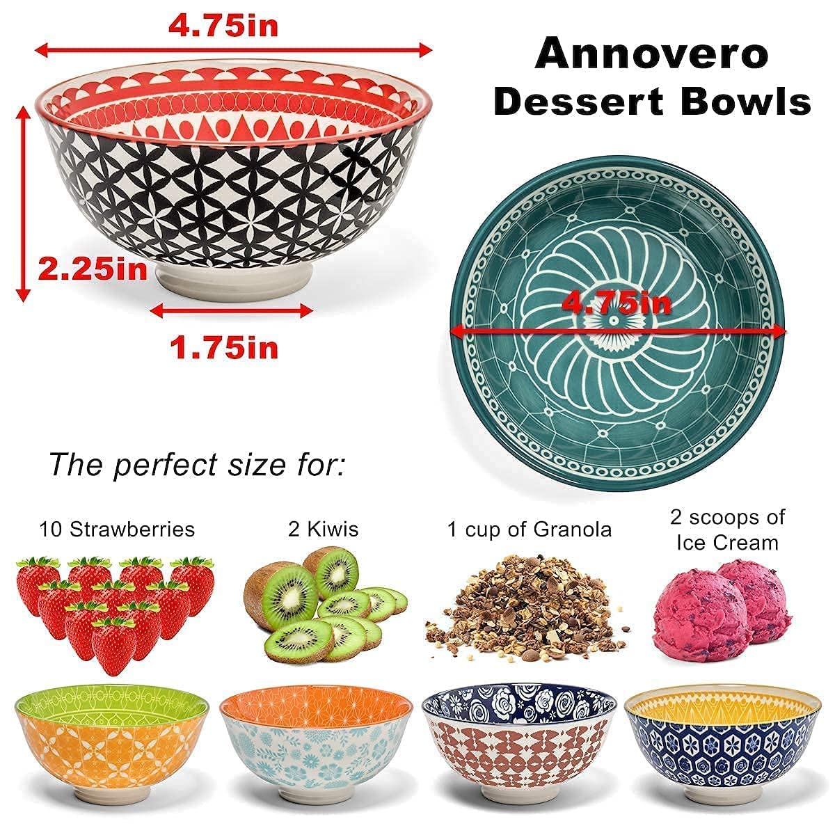 Annovero Cereal Bowls, Dessert Bowls. Cute and Colorful Porcelain Dishes for Kitchen, Microwave and Oven Safe. Bundle