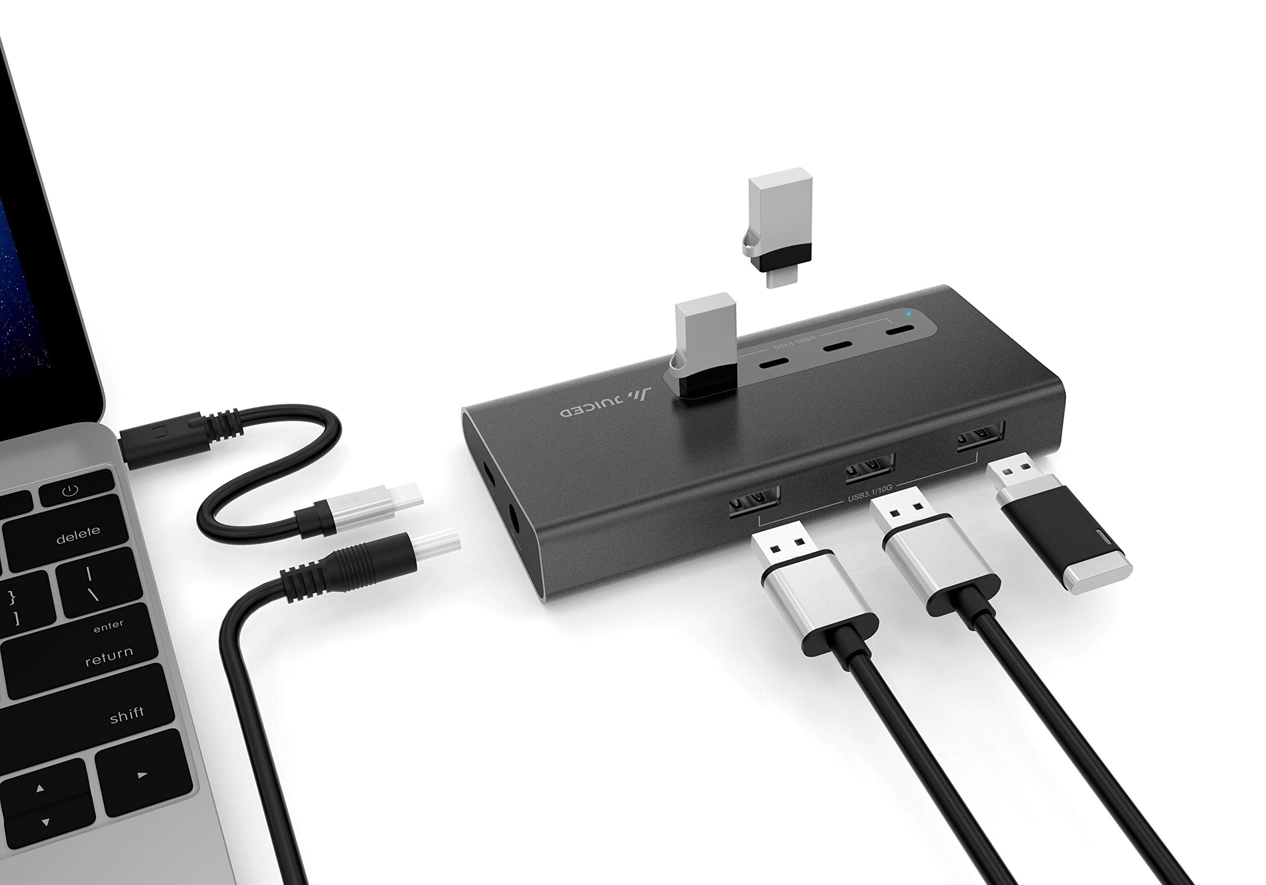 Juiced Systems VertexHUB High-Speed USB-C & USB-A Hub - 10 Gbps Transfer, USB 3.2 Gen 2, 4X USB-C Ports, 3X USB-A Ports, Fast Charging