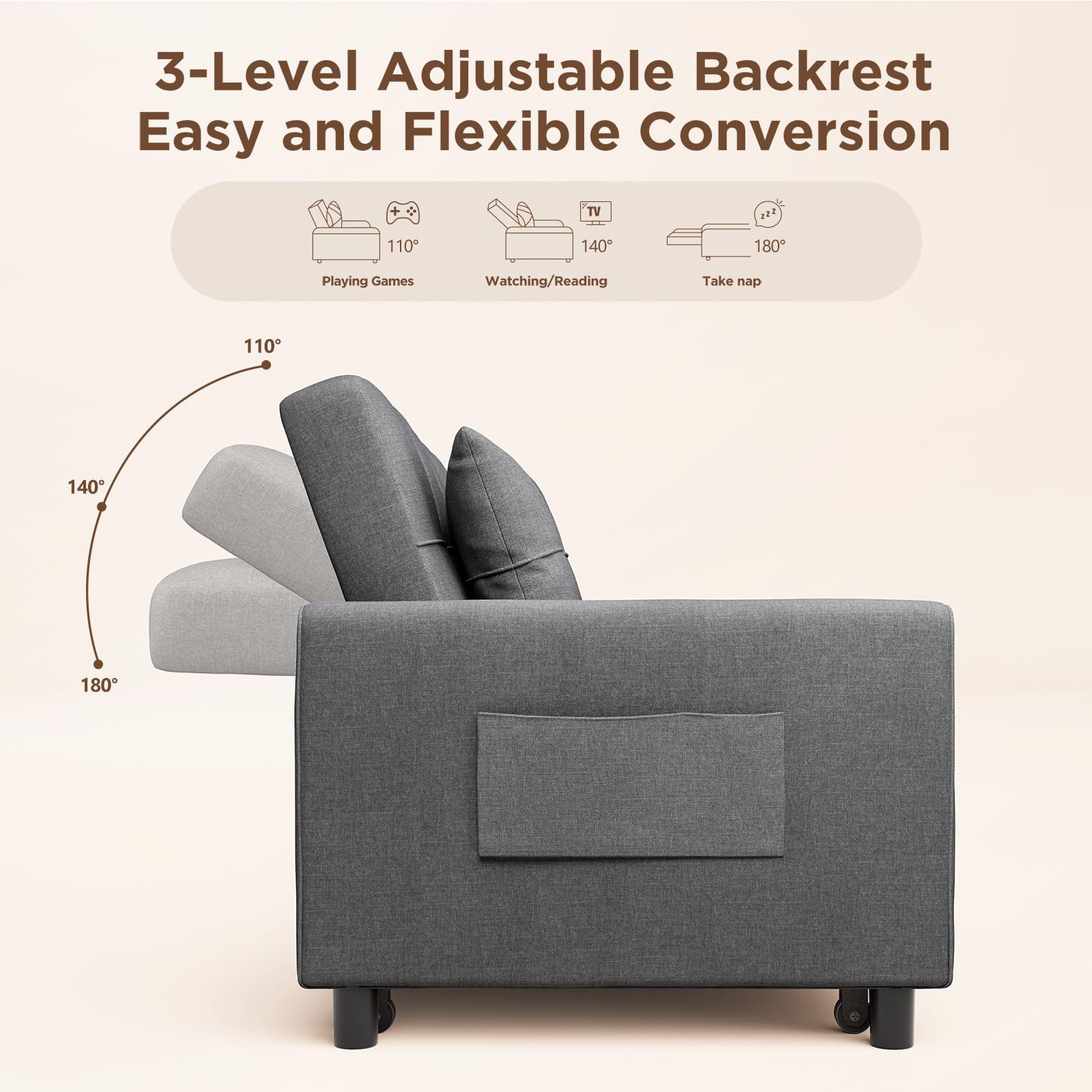 Aiho Convertible Sectional Sofa Bed, Sleeper Sofa Bed with Adjustment Backrest, 84" Pull Out Couch with Ottoman for Livingroom, Apartment, Dark Gray