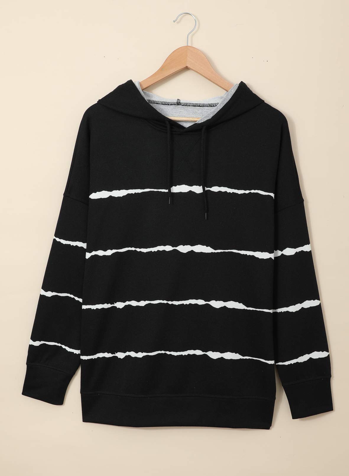 Acelitt Womens Juniors Long Sleeve Striped Hoodies Hooded Sweatshirt Side Split Pullover Fall Loose Casual Tops Black Medium