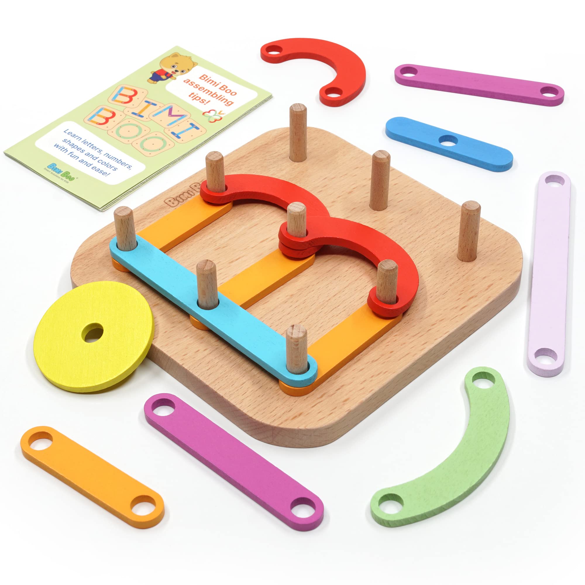 Bimi Boo 28 Pсs Letter and Number Construction Activity Set - Wooden Letters Number Shape Puzzles for Kids - Letter and Number Construction Activity Set - Shape Color Recognition Pegboard
