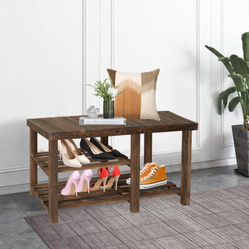 Babion Shoe Rack Bench, Shoe Storage with High Boots Storage, Dark Brown Shoes Organizer Shelf, Multi-Function Shoe Shelf, Sturdy Shoe Rack for Entryway, Bathroom, Industrial Style, Wooden Frame