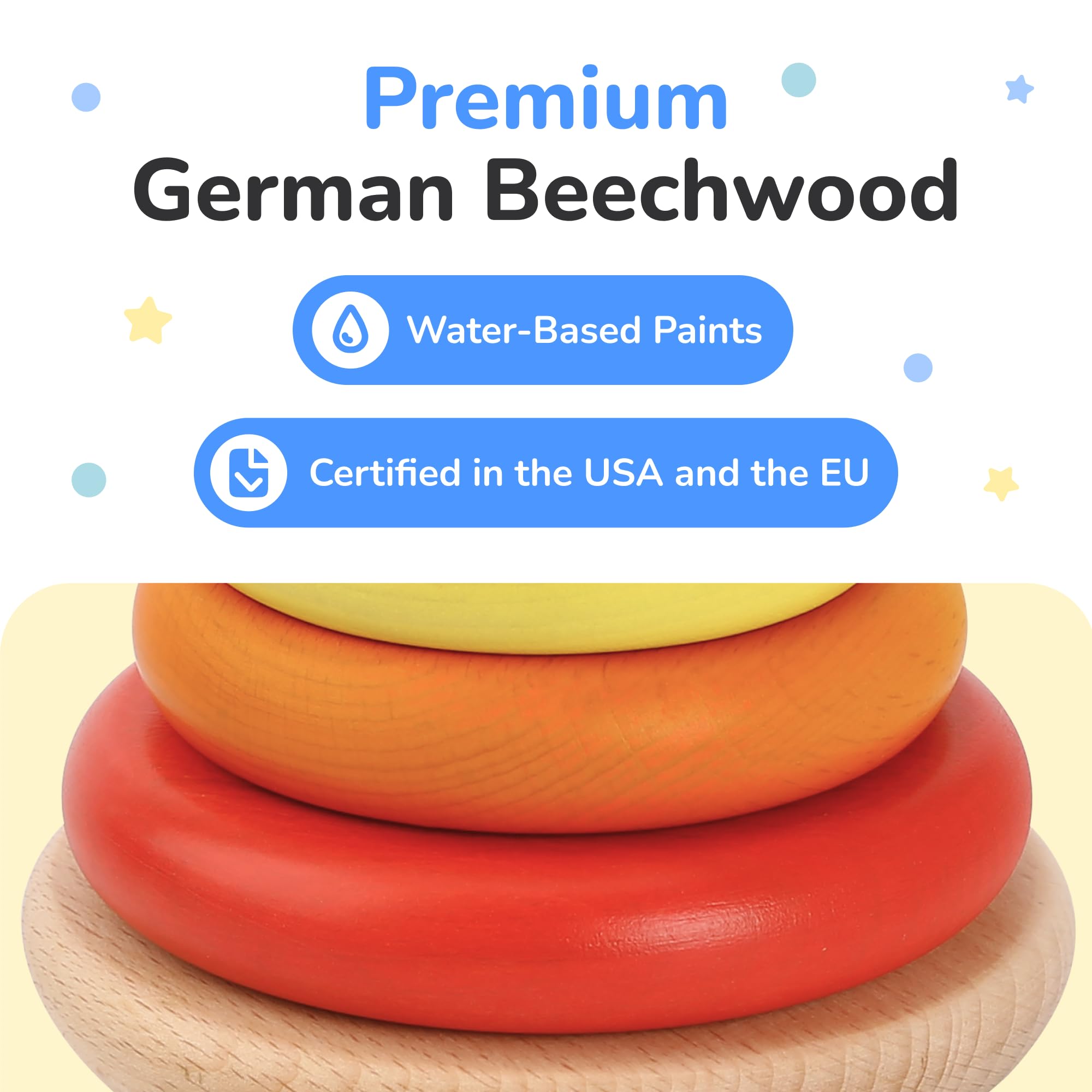 Bimi Boo Wooden Rainbow Stacking Rings for Toddlers - Ring Stacker Baby Toy with Roly-Poly Base - Montessori Early Counting Toy, Size Recognition Learning Activity - Ideal Baby Gift (5 Rings)