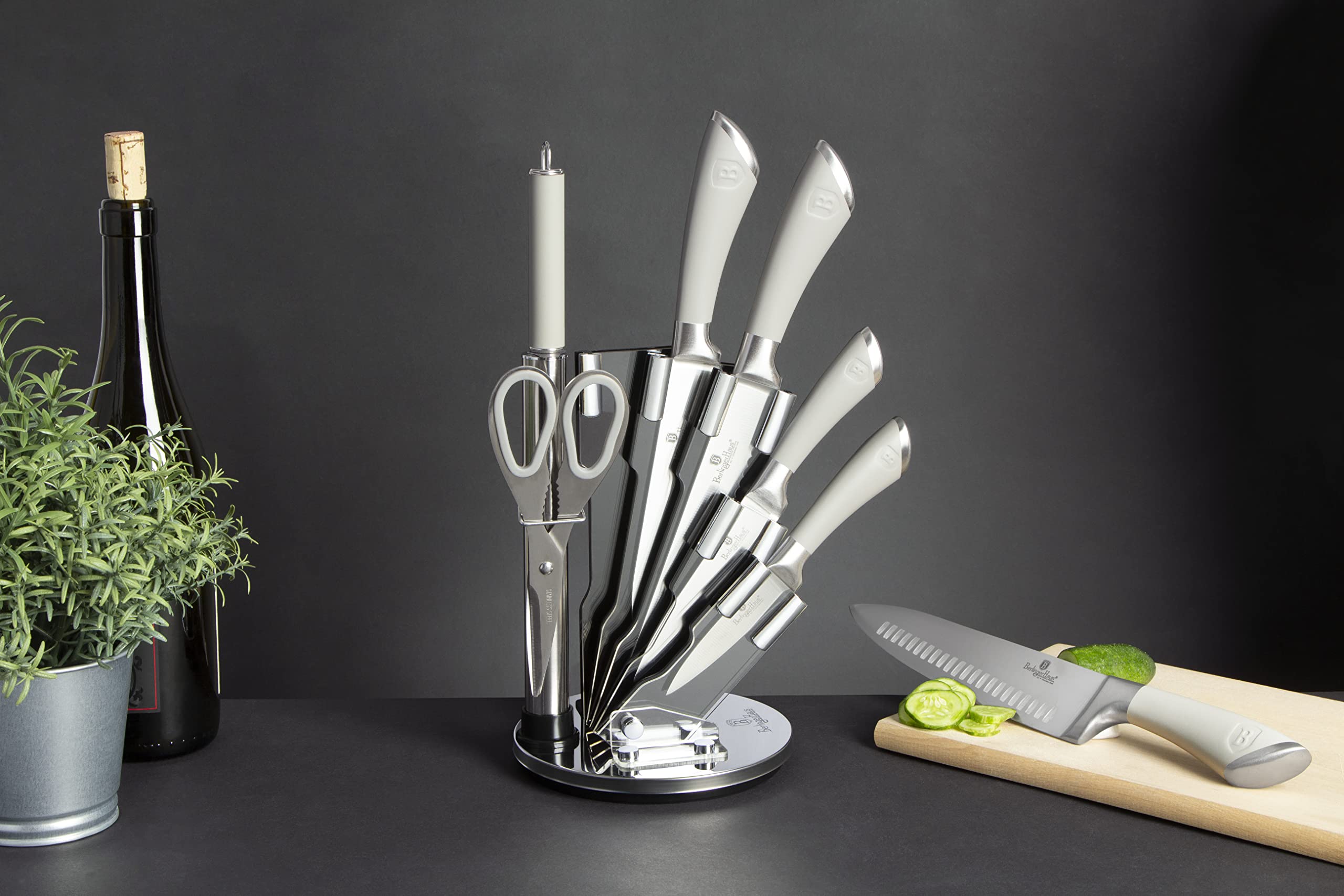 Berlinger Haus Kitchen Knife Set with Block, 8 Piece Knives Set for Kitchen, Cooking Knives with Kitchen Shears and Sharpener, Sharp Cutting Stainless Steel Chef Knife Set with Acrylic Stand, Gray