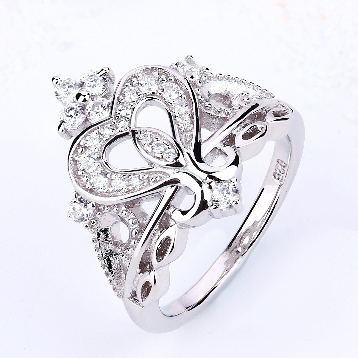 925 Sterling Silver Princess Crown Ring with White Gold Plated Heart Shape Ring Size 7- Top JO WISDOM Ring Gift