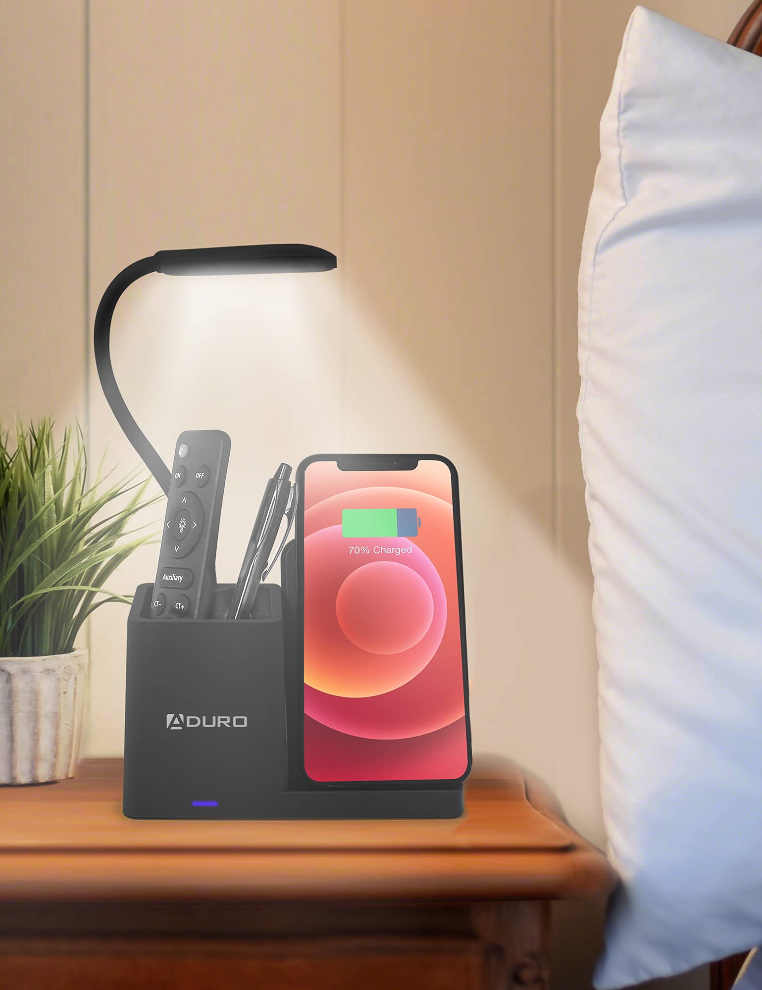 Aduro U-Light LED Desk Lamp Organizer Desk Light with Pen Holder & QI Wireless Charger Stand Black