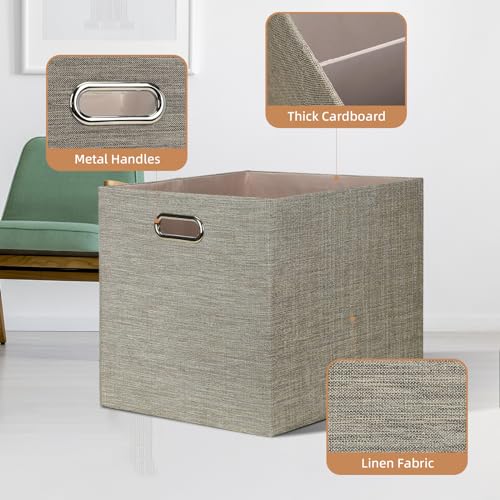 ArcaGuru 13x15x13 Storage Cube Bins, Linen Foldable Fabric Storage Cubes, Storage Cubes Baskets Box with Handles for Shelves, Closet, Wardrobe, Bookcase, Bedroom, 4 Pack, Coffee