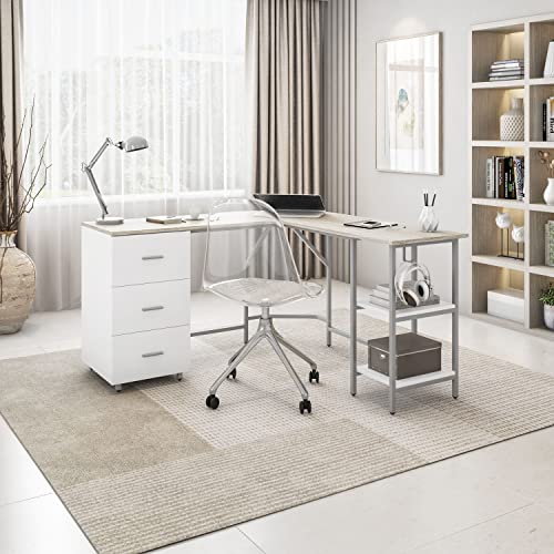 Techni Mobili L Shaped Desk - Two-Toned Computer Desk with Drawers & Storage Shelves - Simple Modern Furniture & Home Office Space Corner Table for Work & Writing