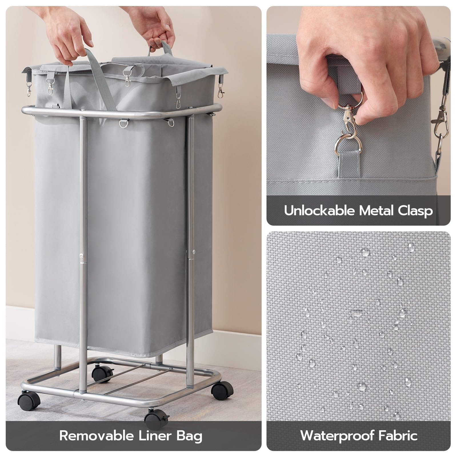 HOOBRO Laundry Basket with Wheels, 30 Gallons (114 L) Rolling Laundry Hamper, Narrow Slim Laundry Sorter with Removable Oxford Fabric Bag, Laundry Room, Dorm Room, Bedroom, Gray and Silver SG06XY01