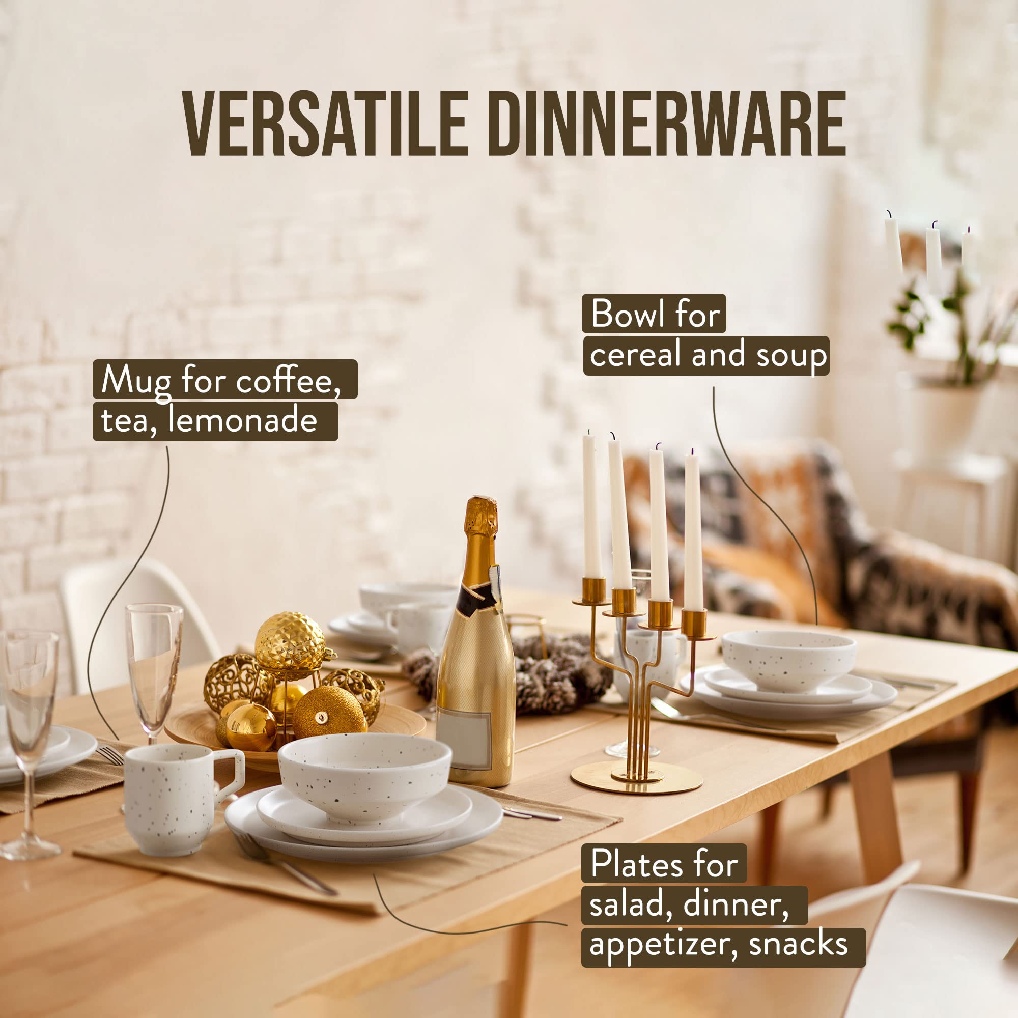 American Atelier Reactive 4-Piece Stoneware Place Setting | Coffee Mug, Bowl, Plate Set | Kitchenware | Stoneware Dinnerware Set | Microwave, Dishwasher Safe | Service for 1 (Speckled Cream)