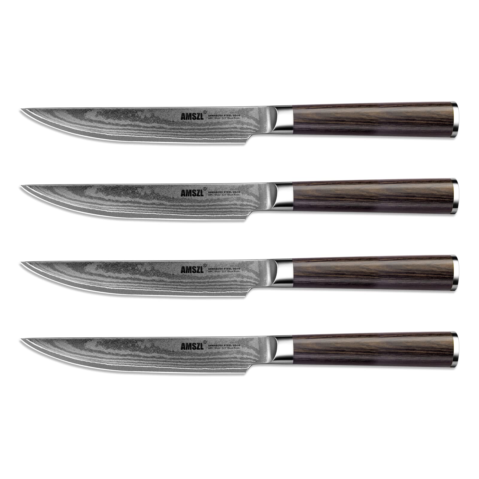 AMSZL Steak Knives - Set of 4 - Damascus - 5.5" - Japanese VG10 Core Steel Forged Straight Edge - Pakka Handle - Gift Box