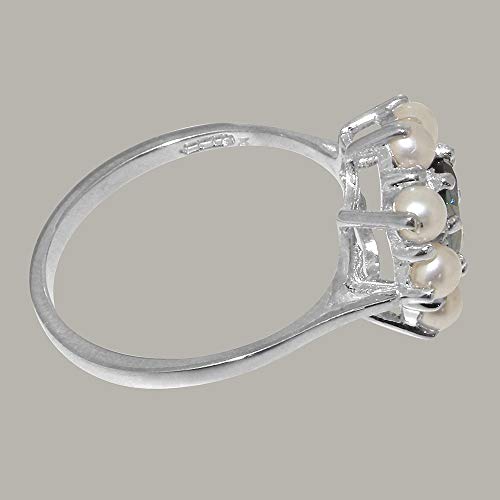 925 Sterling Silver Natural London Blue Topaz & Cultured Pearl Womens Statement Ring - Size 9