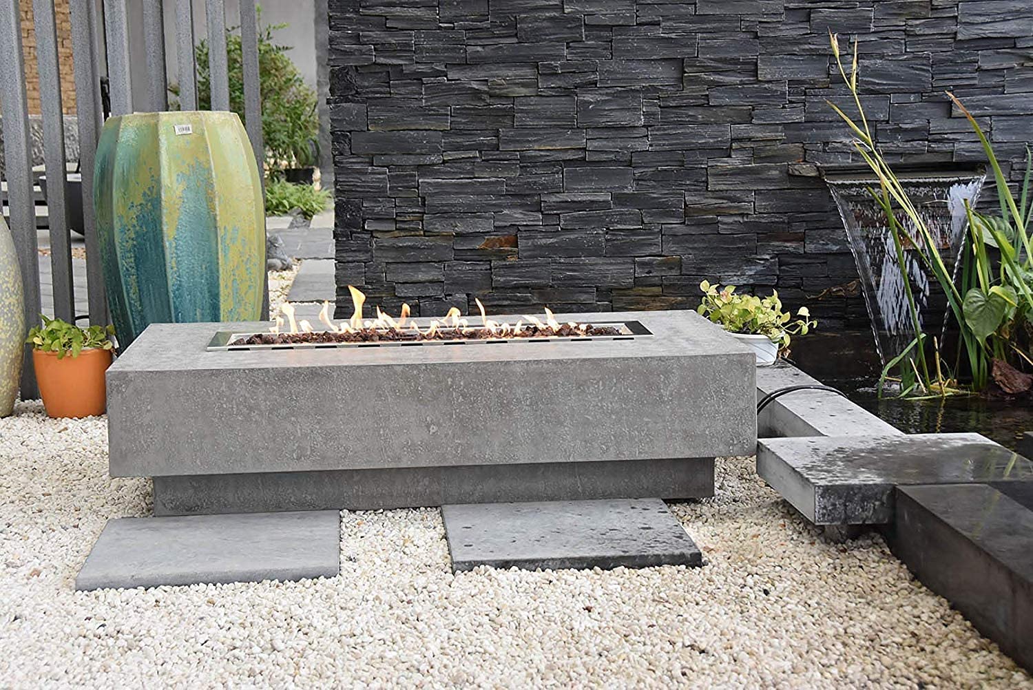 AMS Fireplace | Elementi | Large Rectangular Natural Gas Fire Pit Table | Free Bio-Ethanol Tabletop Lantern | With Canvas Cover, Lava Rocks, and Gas Key Valve | Fuel: Natural Gas, Hampton - Light Grey