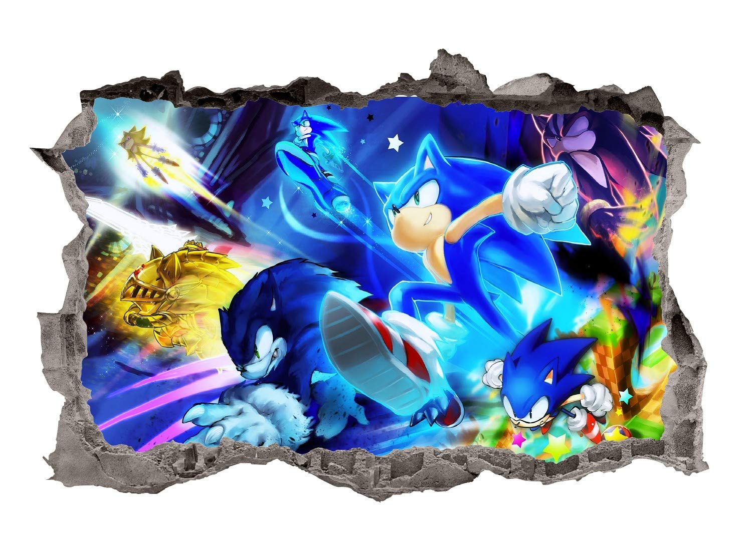 Adventure Sonic Wall Decals Art 3D Smashed Custom Hedgehog Kids Room Wall Decor Boys Bedroom Poster Mural Wallpaper Removable Vinyl Wall Stickers Gift (24"W x 16"H)