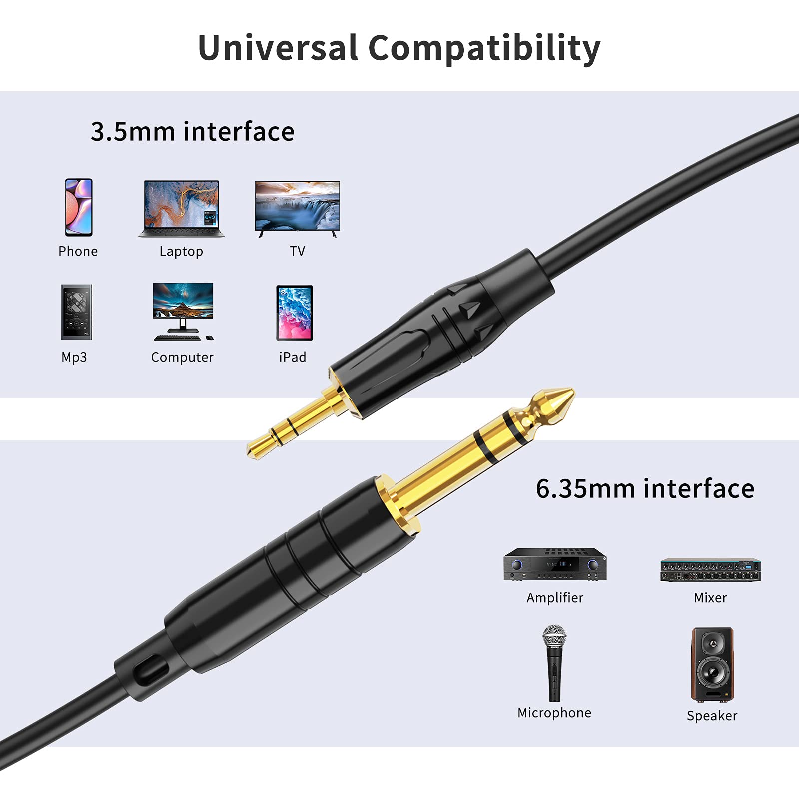CableCreation 3ft 3.5mm 1/8" Male Stereo to 6.35mm 1/4" Male TRS Stereo Audio Cable Gold Plated Compatible with iPod, iPhone, Laptop, Home Theater, Amplifiers, Guitar and More,1 Meter/Black