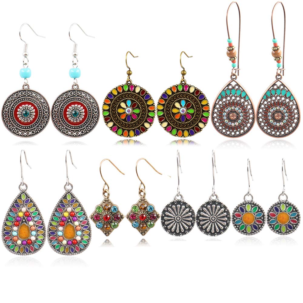 7 Pairs Vintage Bohemian Earrings Set National Retro Rhinestone Ear Stud Eardrop Drop Dangle Earrings Statement Earrings Long Boho Earrings for Women