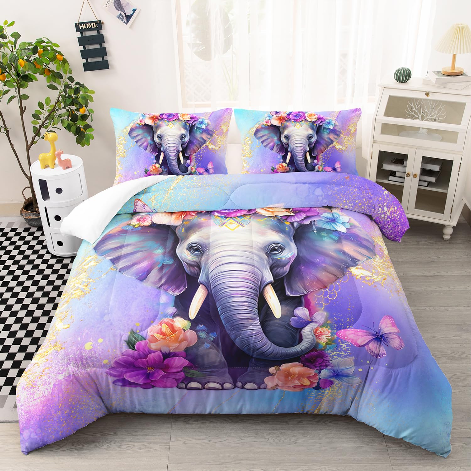 AILONEN 3D Elephant Comforter Set Queen Size, Beautiful Elephant with Flowers Bedding Set for Kids,Boys,Girls,Watercolor Purple Butterfly Duvet Set,3-Piece,1 Quilt + 2 Pillowcases