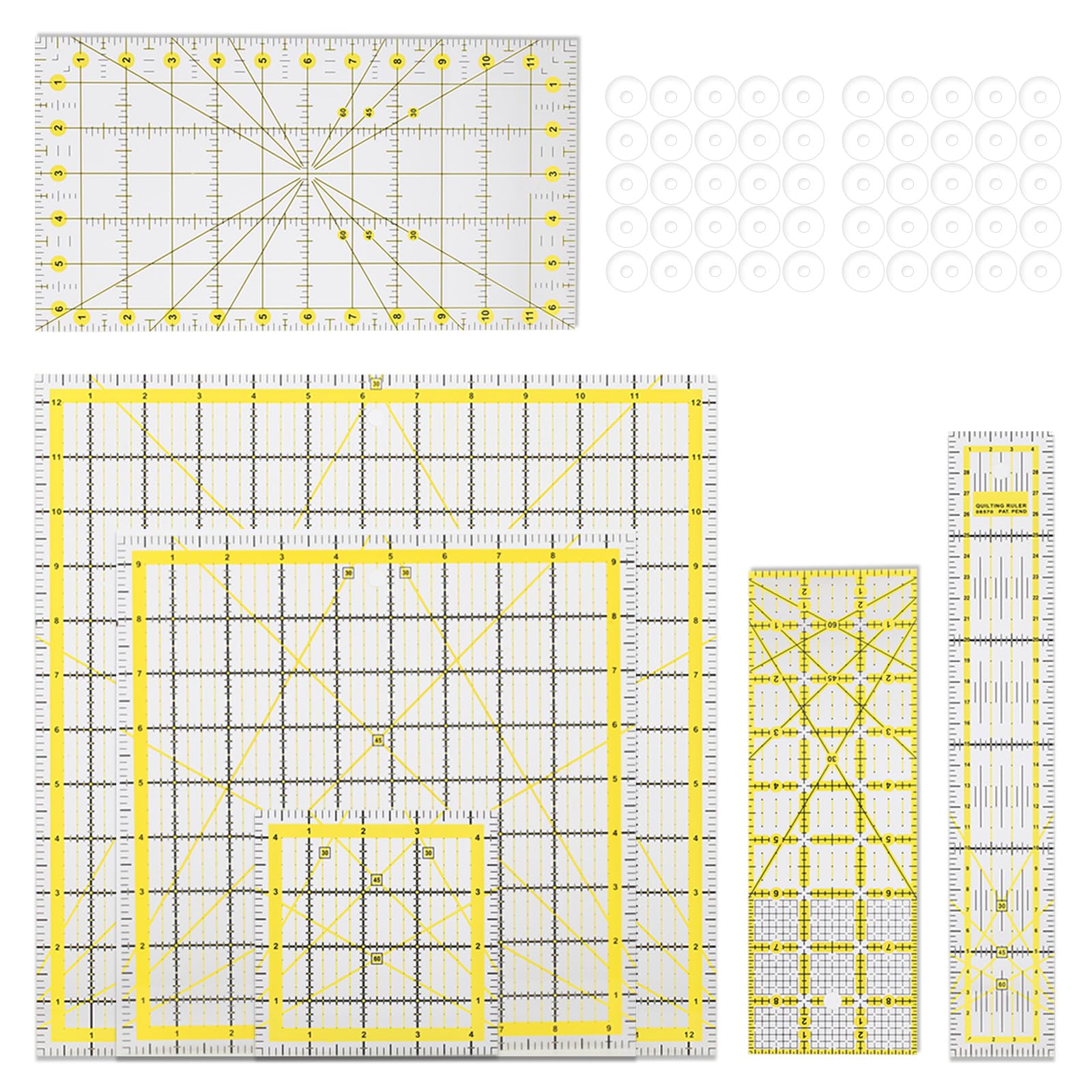 7 PCS Acrylic Quilting Ruler Set, Non Slip Rings 50 Pieces, Fabric Cutting Ruler with Double-Colored Grid Lines, Clear Mark Square Acrylic Ruler Quilting Templates for Sewing, Drawing and Crafts