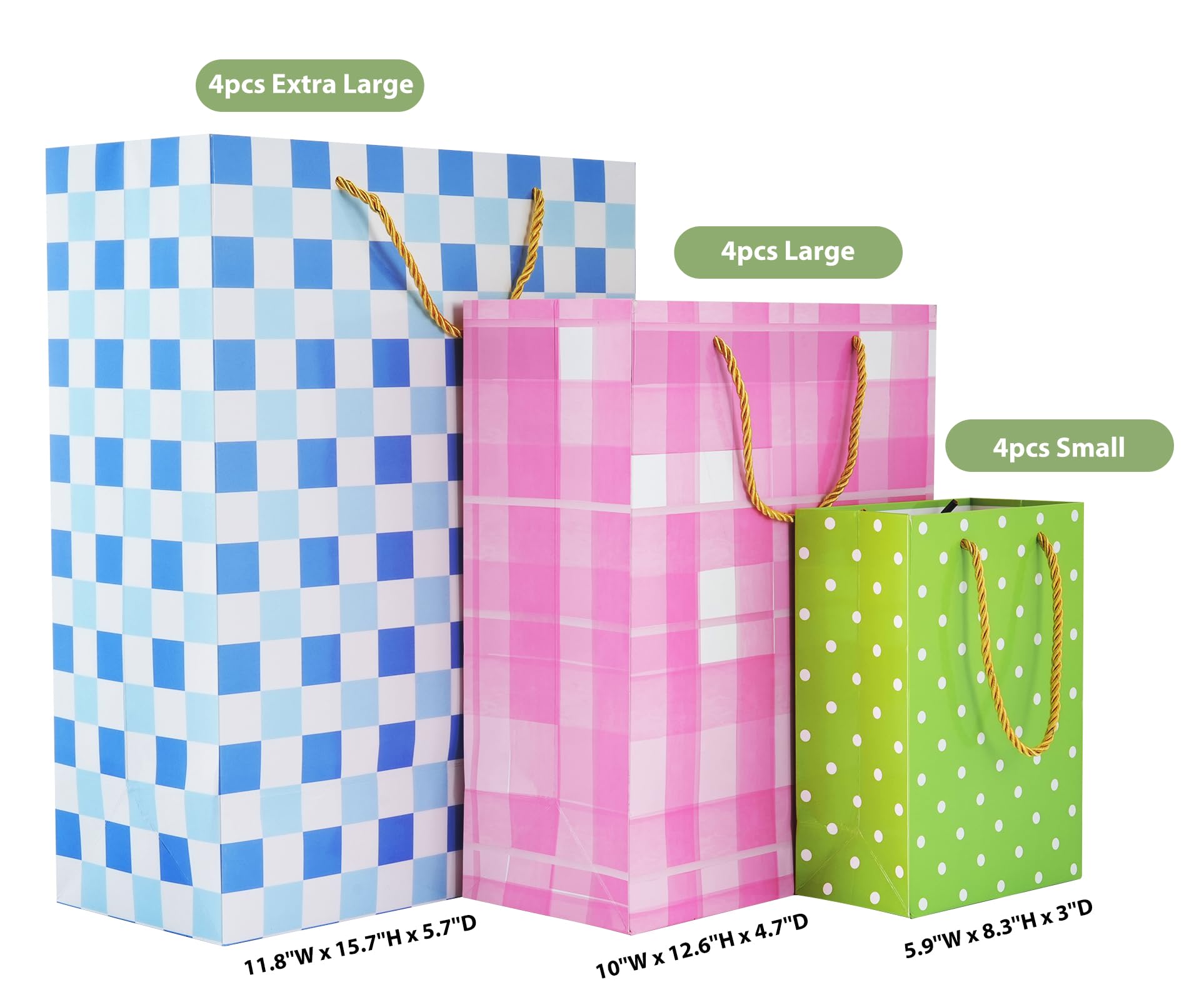 Moretoes 12 Pack Gift Bags Assorted Sizes and Designs, Gift Bag Set with Handle and Tissue Paper for Birthday, Baby Showers, Wedding, Valentine's Day (4 Small 8", 4 Large 13", 4 Extra Large 16")