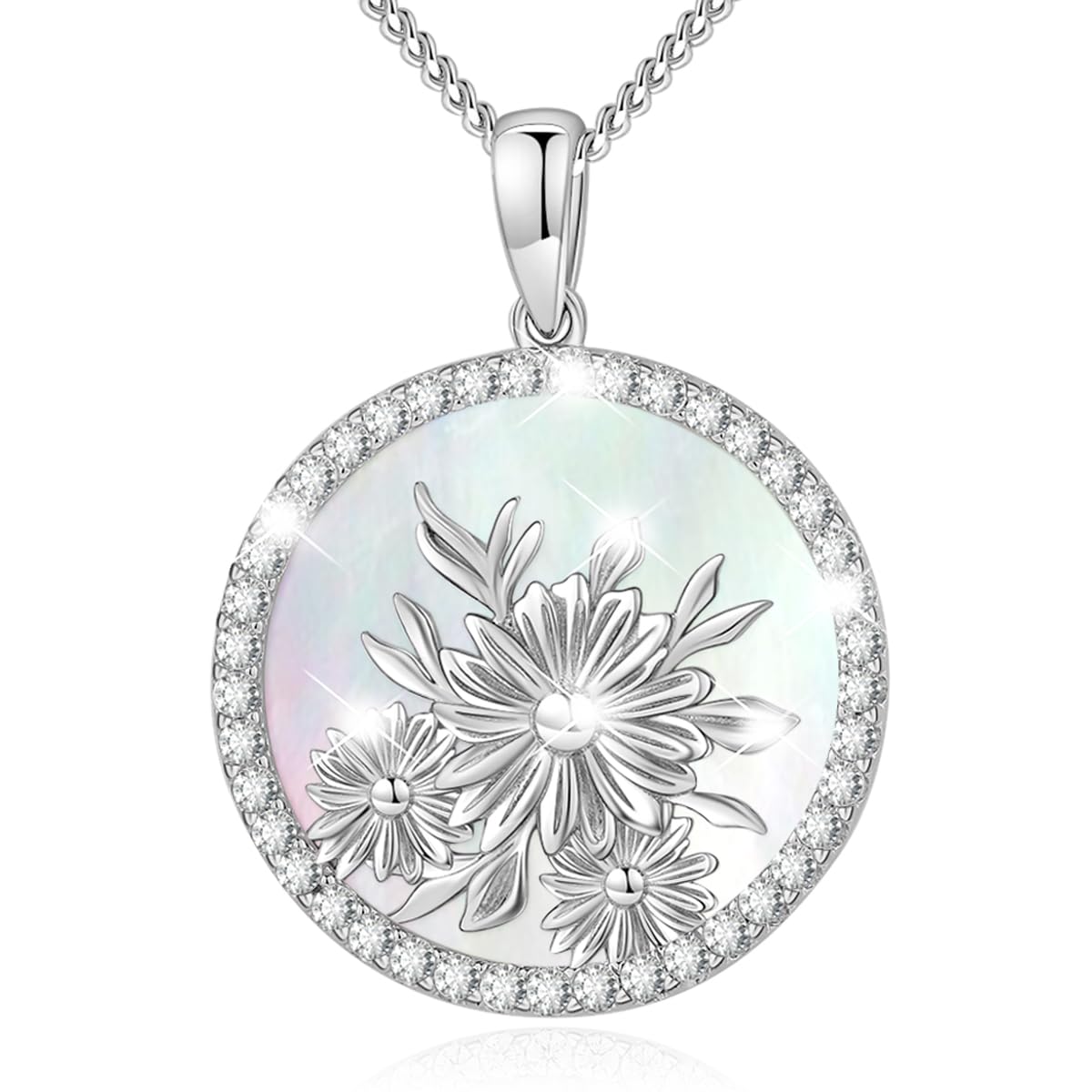 AGVANA Sterling Silver April Birth Flower Daisy Pendant Necklace for Women Mother of Pearl Jewelry Anniversary Birthday Gifts for Women Mom Wife Her