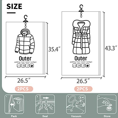 Meetall 4Pack Hanging Vacuum Storage Bag Reusable Space Saver Compressed Bag with Hangers.2pcs in 26.3x35.4inch(67x90cm) and 2pcs in 26.3x43.3inch (67x110cm).Work with Any Vacuum Cleaner.