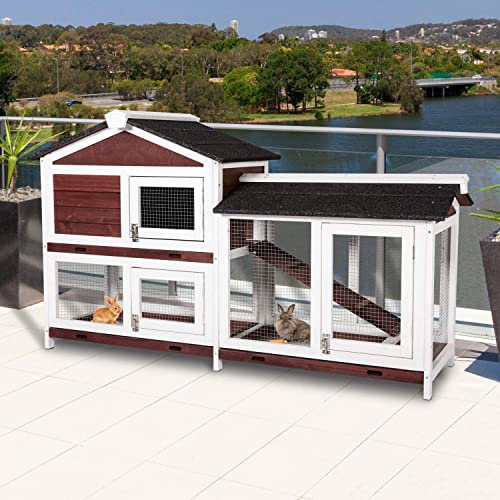 Kinpaw Rabbit Hutch 61inches Indoor Rabbit Cage Small Animal House for Chicken with Removable Trays Ramp Run Red