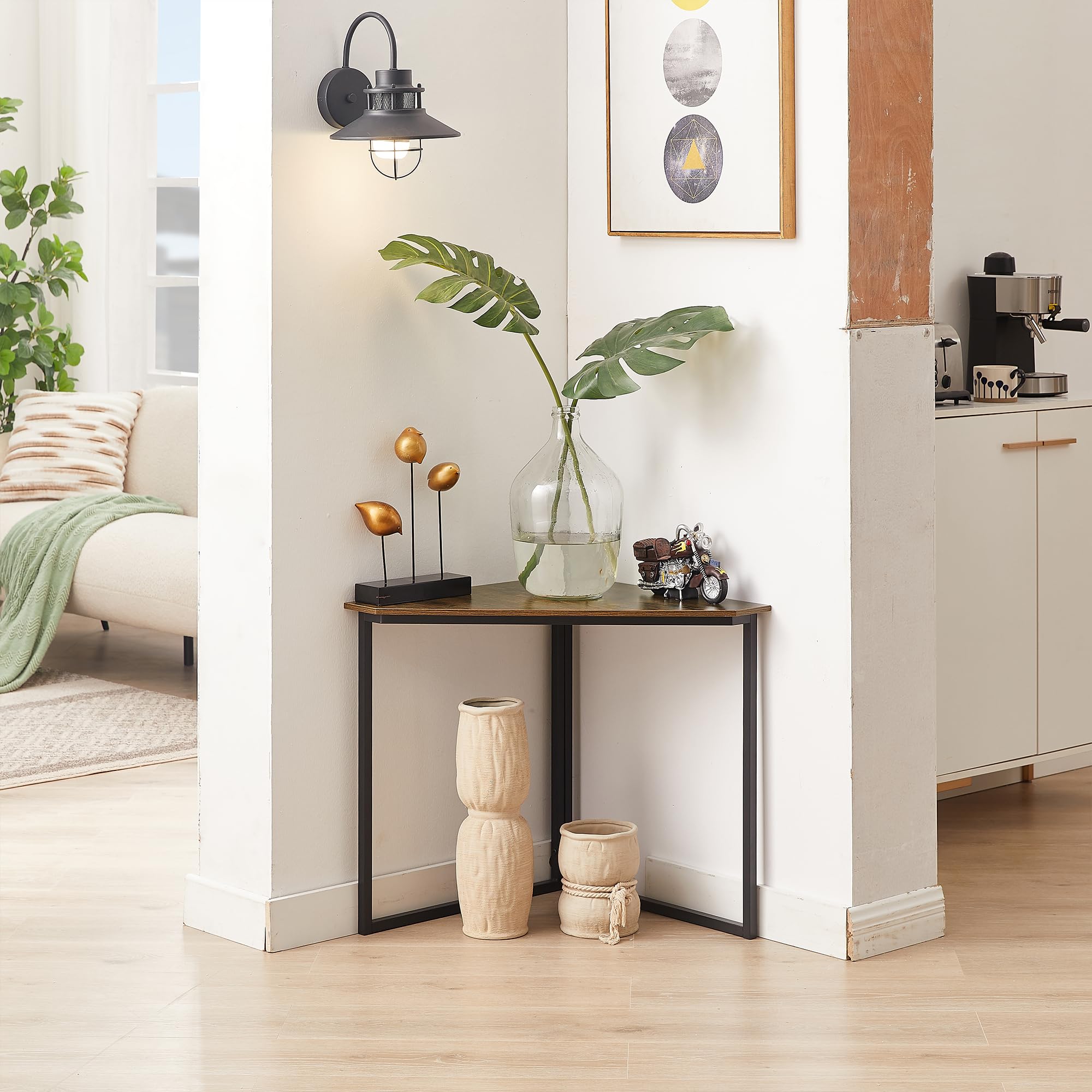 VECELO Corner Shelf, End/Side Tables Triangle Shelves with Metal Frame for Small Space, Living Room, Kitchen, Bathroom, 33.1", Brown
