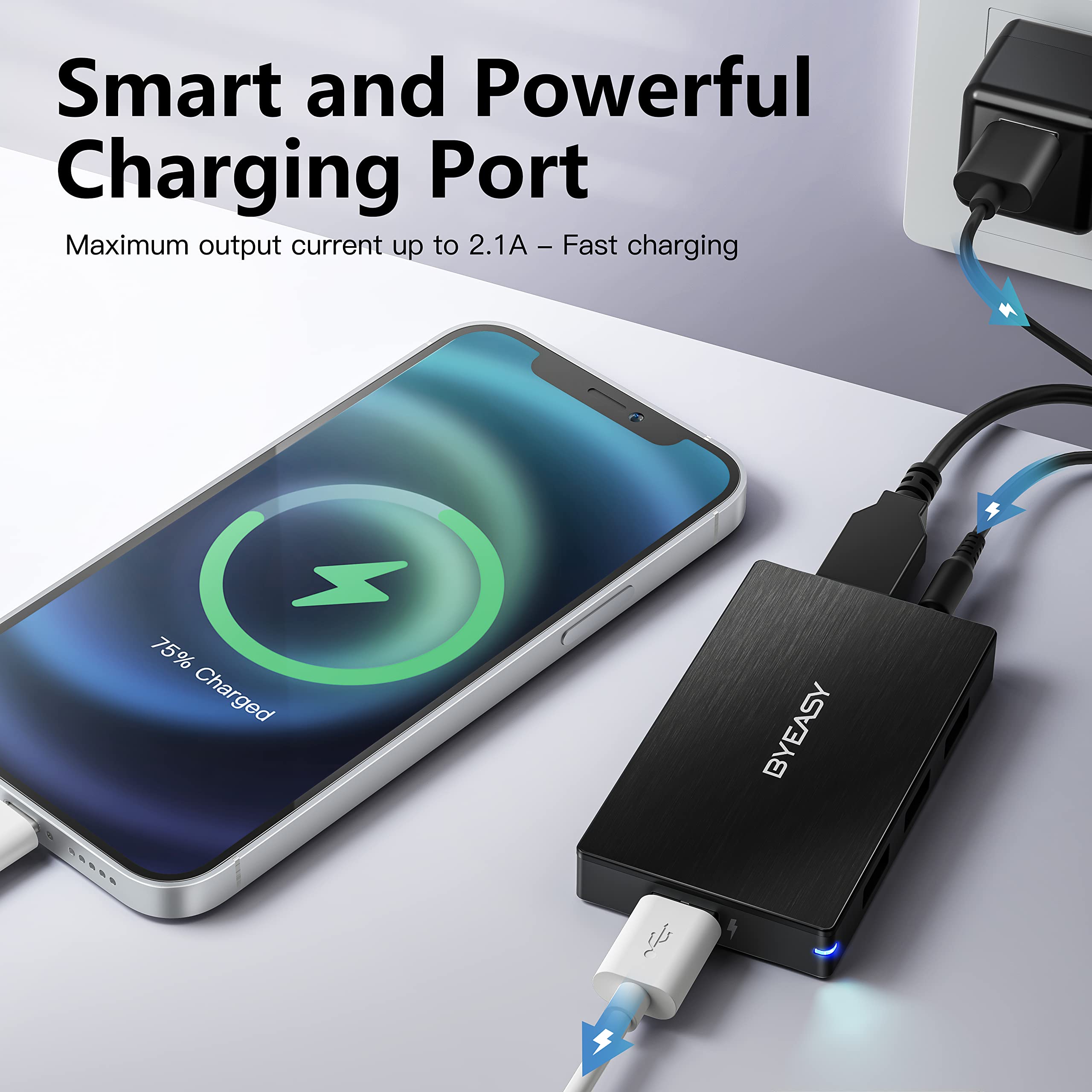 Universal Powered USB Hub, BYEASY Aluminum 3 Ports USB 3.0 Hub and 1 USB Smart Charging Port with Power Adapter, Slim USB Splitter for iMac Pro, MacBook Air/Mini, PS5, Surface Pro, Notebook PC, HDD