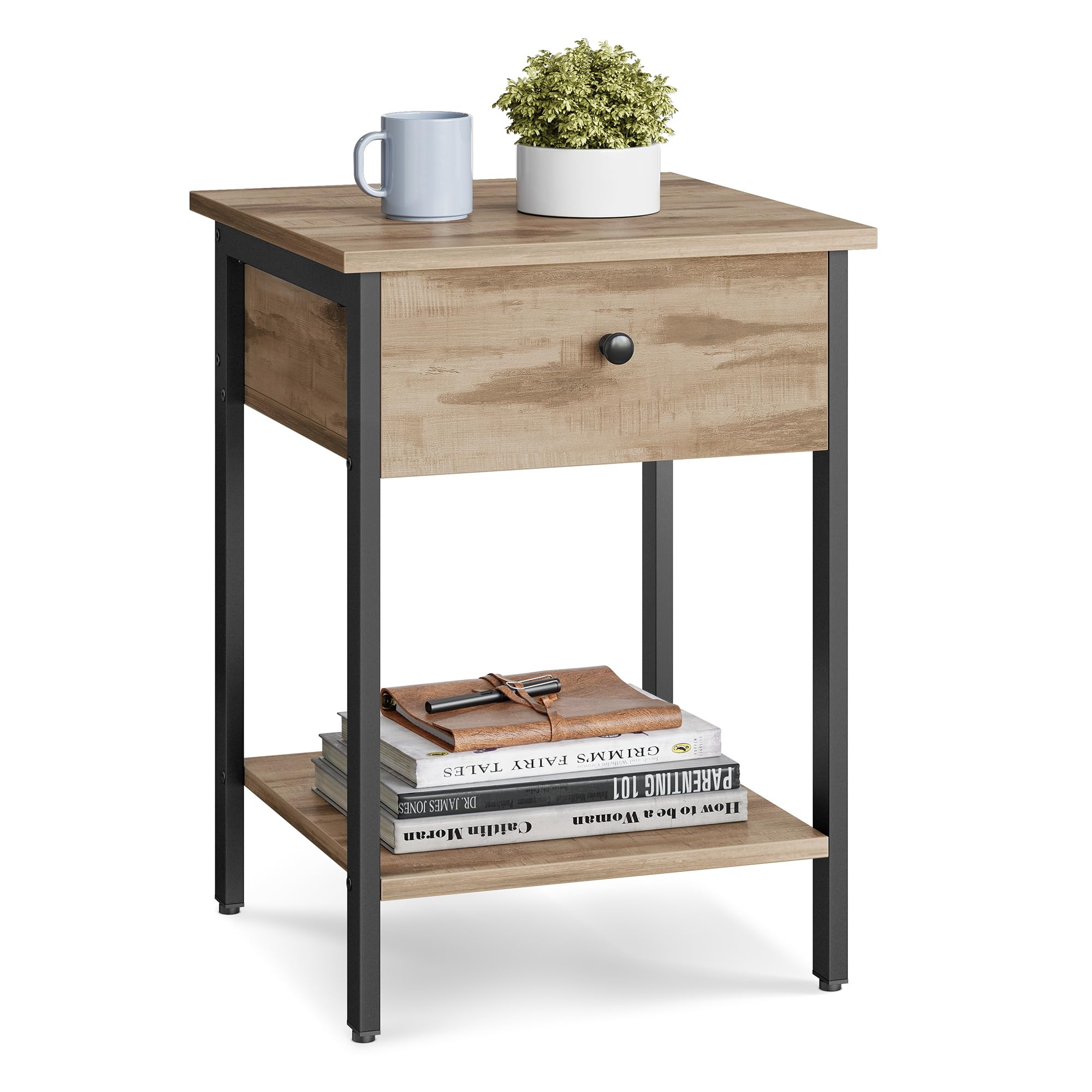 VASAGLE Nightstand, Bedside Table with Drawer, Side Table, End Table, for Bedroom, Office, Industrial, Camel Brown and Black ULET055B50