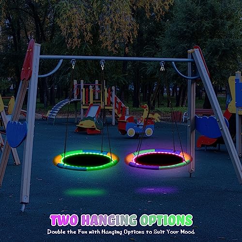 LFSMVT LED Saucer Tree Swing, 40 Inch Light Up Kids Swing Set with APP & Remote Control, Music Sync, Waterproof Round Circle Swings for Kids Outdoor, Playground, Backyard