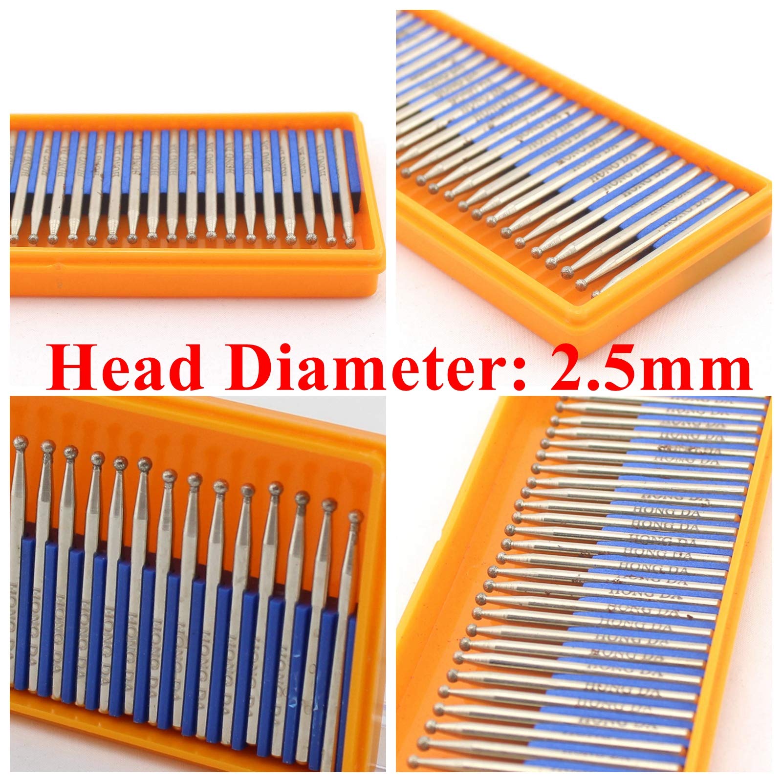 JINGLING Diamond Grinding Bits 2.5mm Spherical Head Bur w Shank 2.35mm Pack of 30Pcs