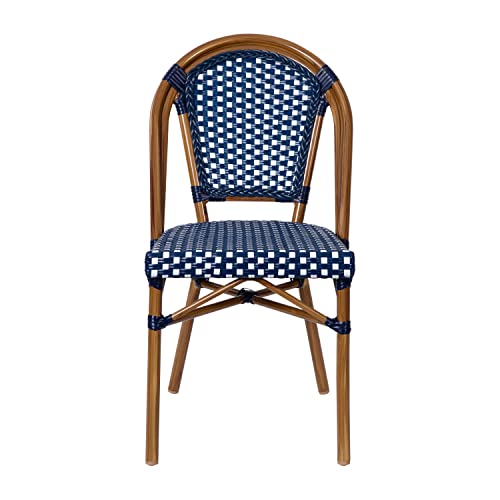 Flash Furniture Bordeaux Set of 2 Indoor/Outdoor Commercial Bistro Stack Chairs - Navy/White PE Rattan Back and Seat - Natural Bamboo Print Aluminum Frame