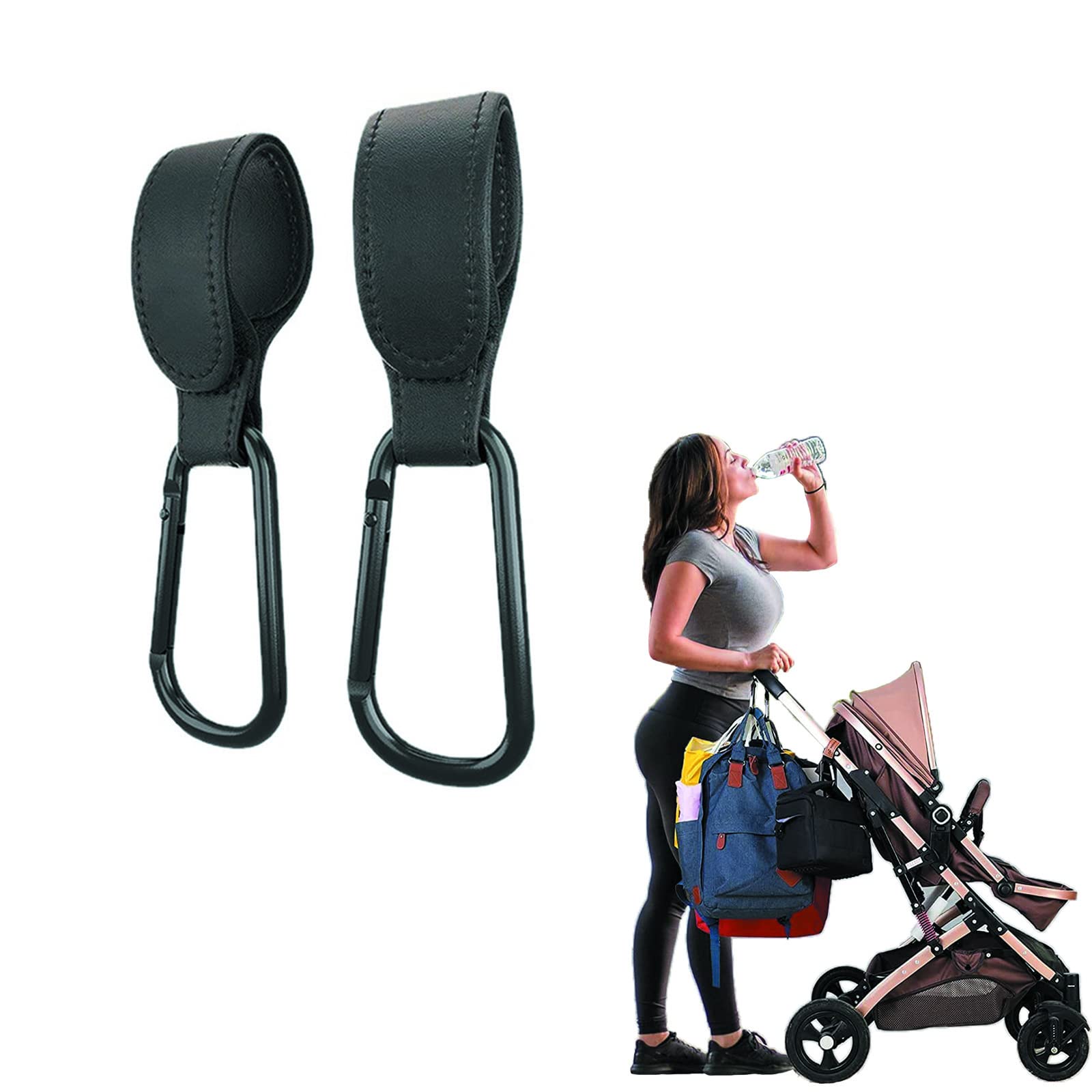 Baby Stroller Hooks,2 Pack Mommy Hook for Stroller for Hanging Diaper Bags,Purse,Stroller Organizer,Leather Stroller Hooks,Suitable for All Strollers and Trolleys Universal Stroller Clips (Black)