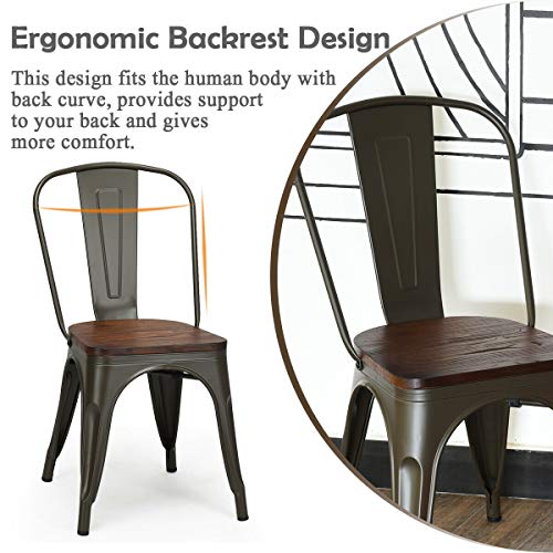 COSTWAY 18 Inch Dining Chair Set of 4, Industrial Vintage Stackable Metal Chairs, Counter Bar Chairs with High Backrest, Wood Seat, for Home, Kitchen and Cafe Bar Use