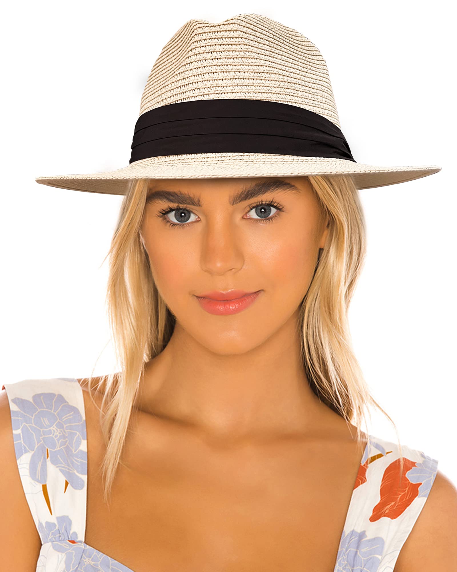accsa Women Panama Straw Hat Classic Wide Brim Sun Hat for Beach Adjustable Summer Fedora Hat for Ladies UPF 50+
