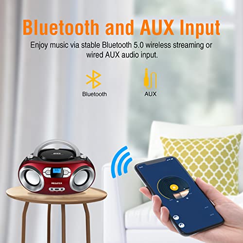 MEGATEK Portable CD Player Boombox with FM Radio, Bluetooth, USB, Aux-in and Headphone Jack, CD-R/RW and MP3 CDs Compatible, Enhanced Stereo Sound, AC/Battery Operated - Cherry Red