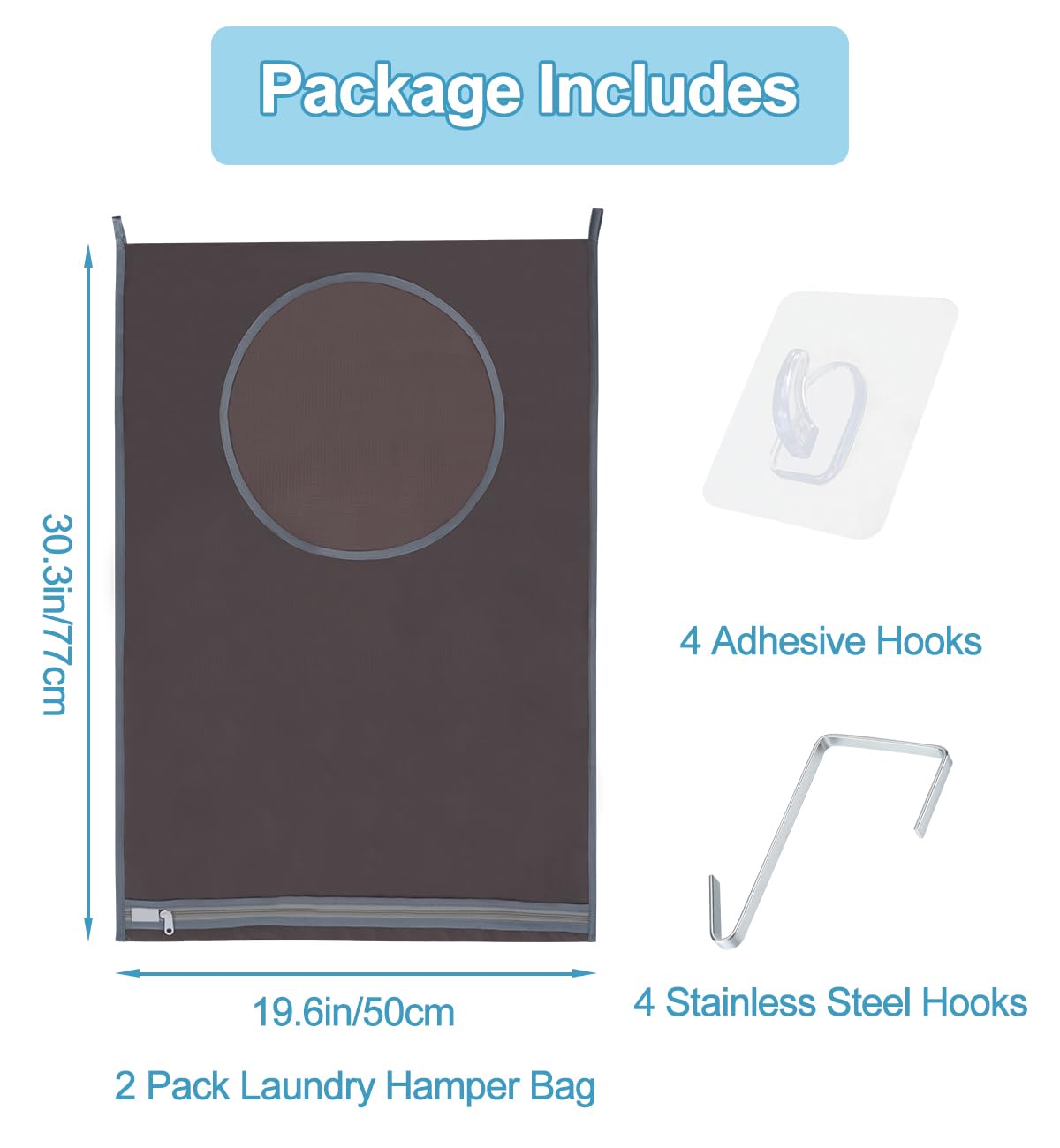 QUMENEY 2 Pack Door Hanging Laundry Hamper, XL Hanging Laundry Bag with 4 Hooks Over Door Laundry Hampers for Dirty Clothes, Large Laundry Organizer Bag for Bedrooms Dorms Closets(31"X 20",Grey)