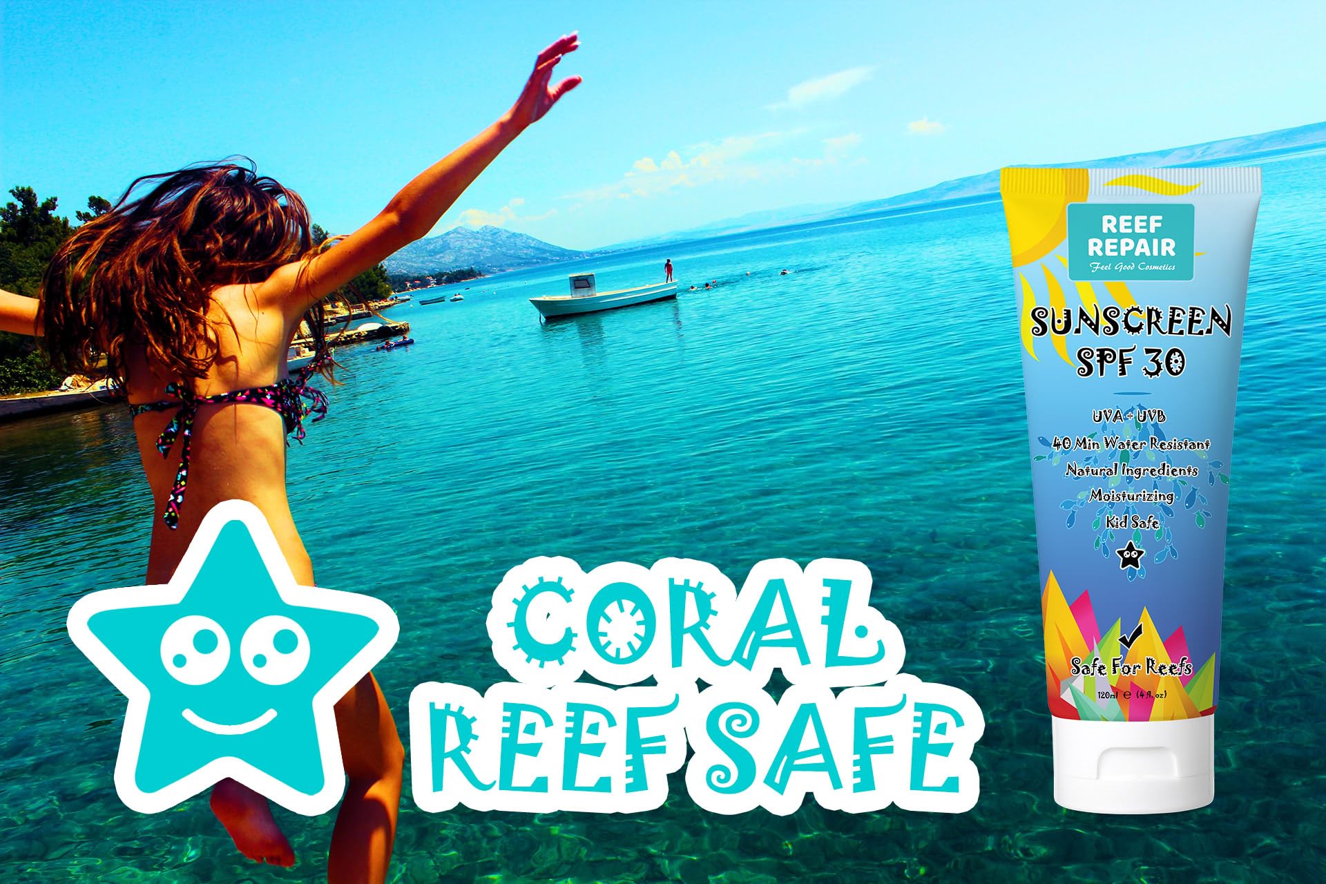 Reef Safe Sunscreen SPF 30+ All Natural, Water Resistant, Moisturizing, Biodegradable, Broad Spectrum UVA/UVB Coral Friendly Mineral Suncream from Reef Repair 4 fl. Oz