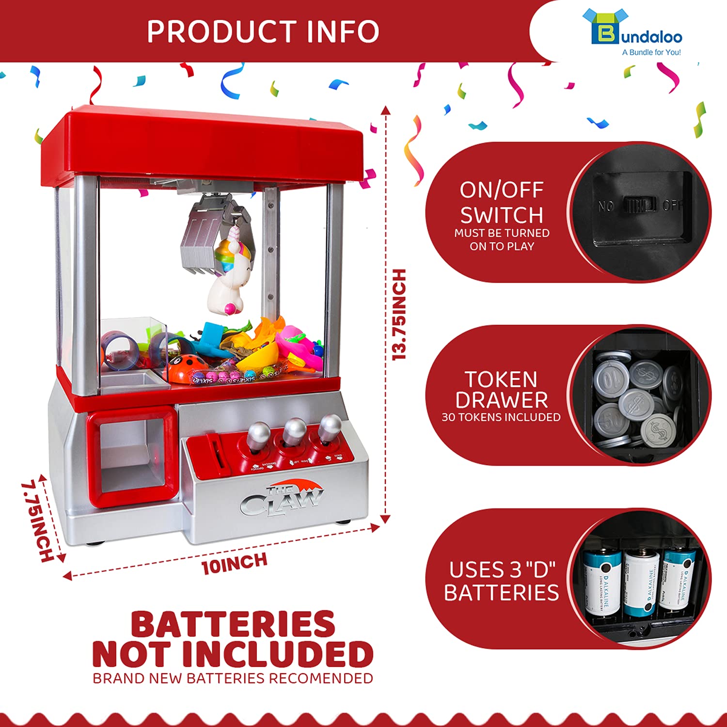 Bundaloo Claw Machine Arcade Game with Sound, Cool Fun Mini Candy Grabber Prize Dispenser Vending Toy for Kids, Boys & Girls