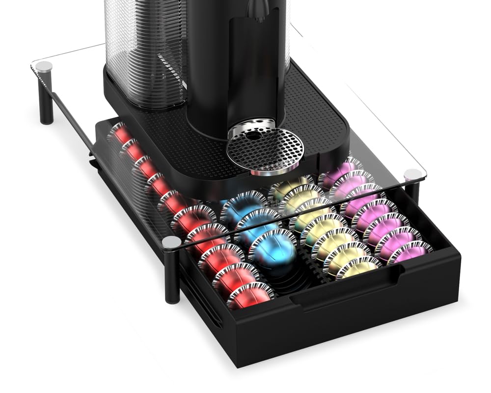 RIOCA Glass Coffee Pod Drawer Holder Organizer Compatible with Nespresso Vertuoline Capsules, Holds 40 Big Pods or 52 Pods, NP01C