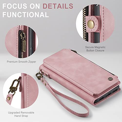 Defencase for iPhone 8 Plus Case, iPhone 7 Plus Case, iPhone 8 Plus Wallet Case for Women Men, Durable Leather Strap Zipper Card Holder Wallet Phone Case for iPhone 7 Plus & iPhone 8 Plus, Rose Pink